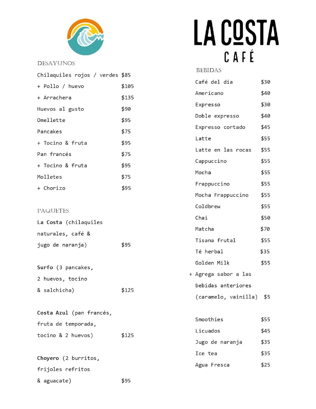 Menu at La Costa Café, San José del Cabo
