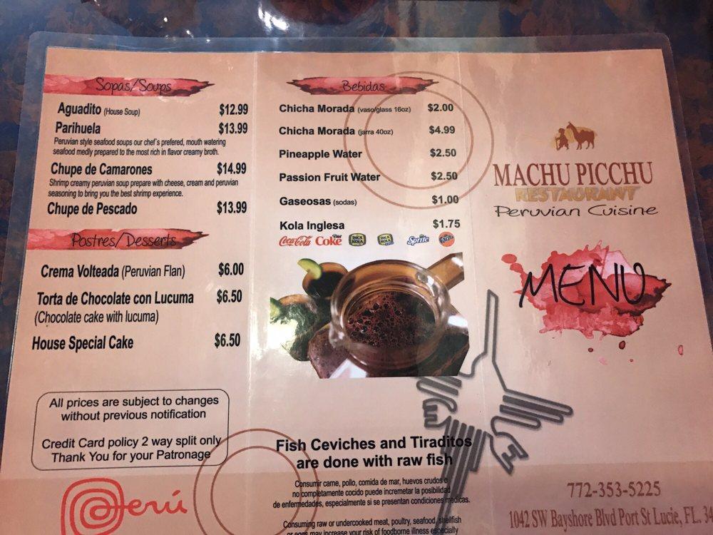 Menu at Machu Picchu Restaurant, Port St. Lucie