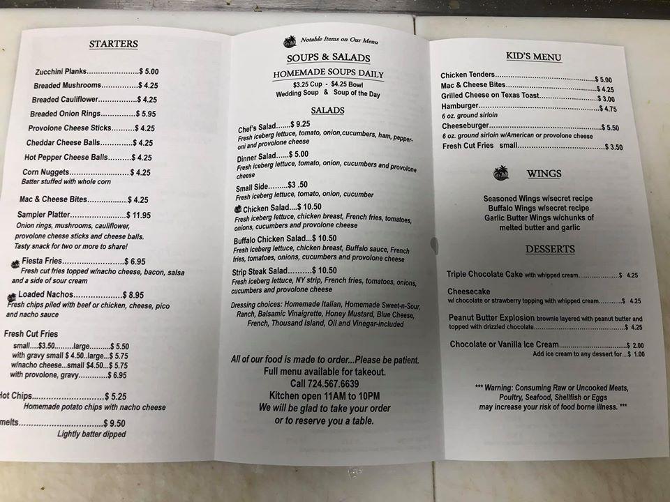 Menu at Moonlight Inn pub & bar, Vandergrift, La Belle Vue Rd