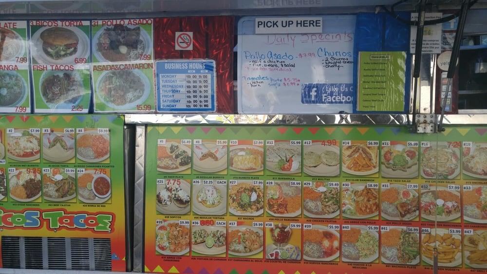 Menu at Ricos Tacos restaurant, Tacoma, Center St