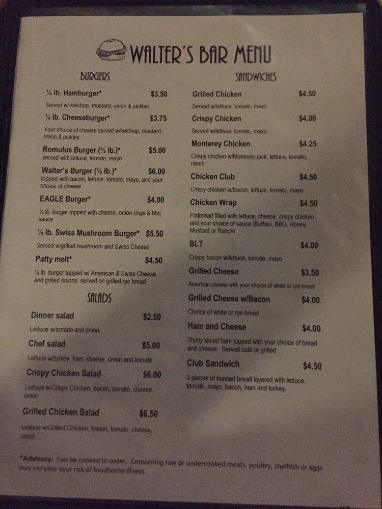 Menu at Walter's Bar, Romulus