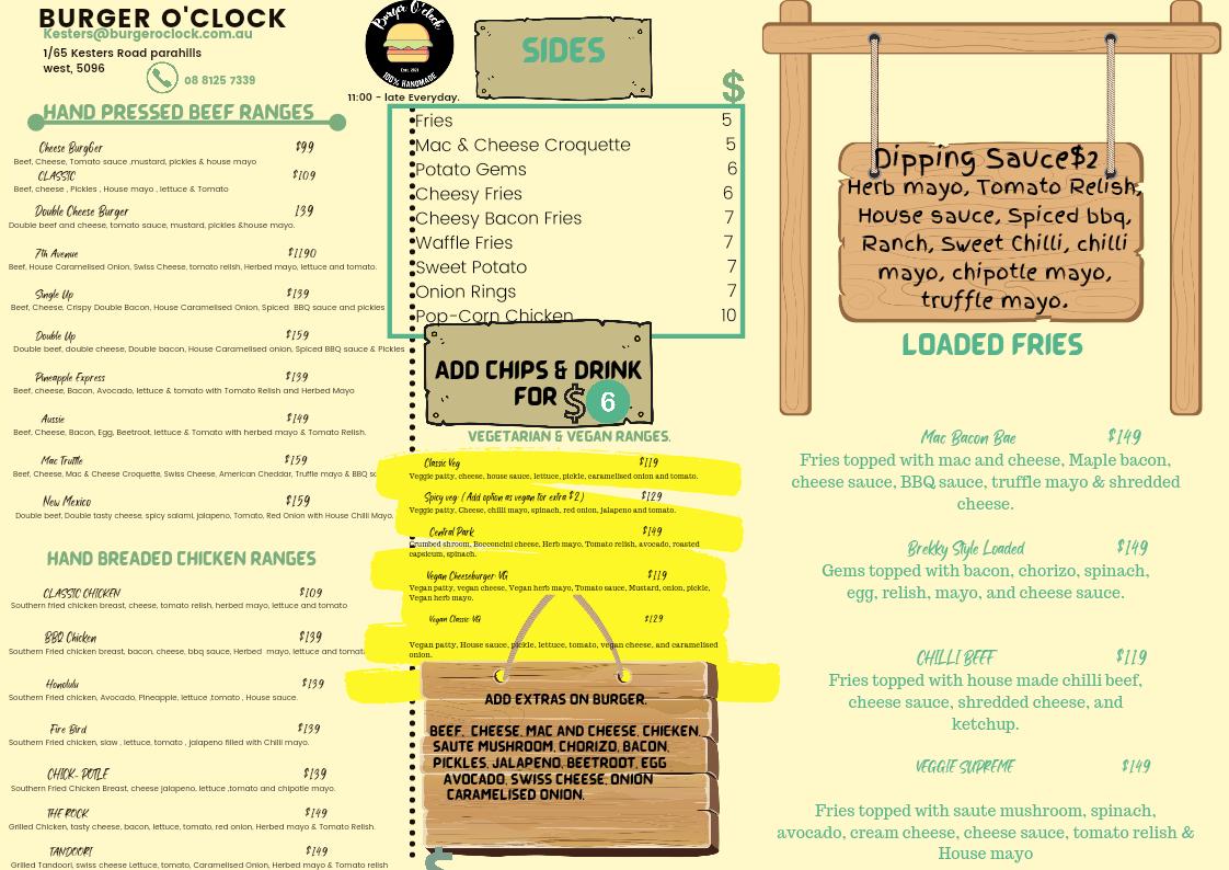 Carta del restaurante Burger O'clock, Para Hills West