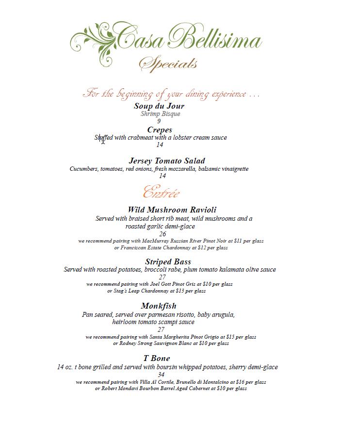 Menu at Casa Bellisima restaurant, Andover Township