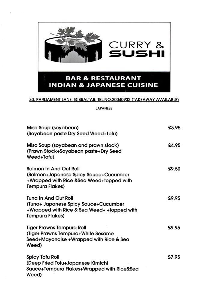 Menu at Curry and Sushi restaurant, Gibraltar