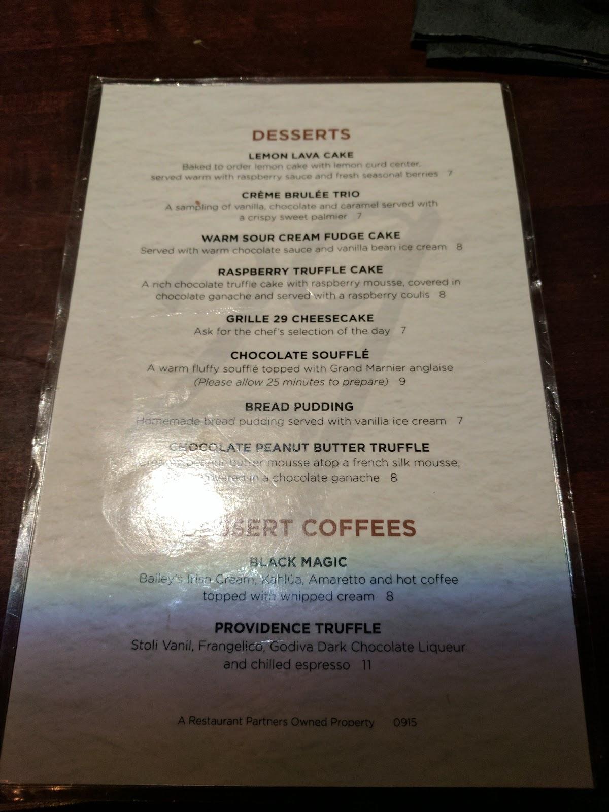 Menu at Grille 29 steakhouse, Birmingham, 971 Brookwood Village