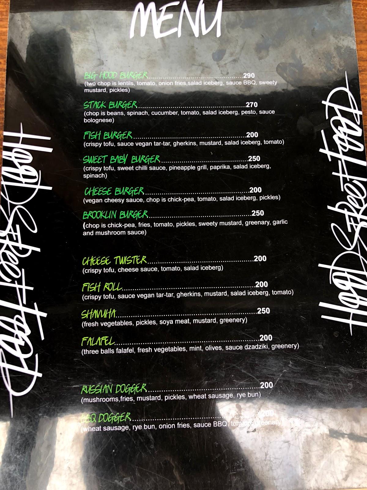 Menu at Hood street food restaurant, Saint Petersburg, Сытнинская площадь