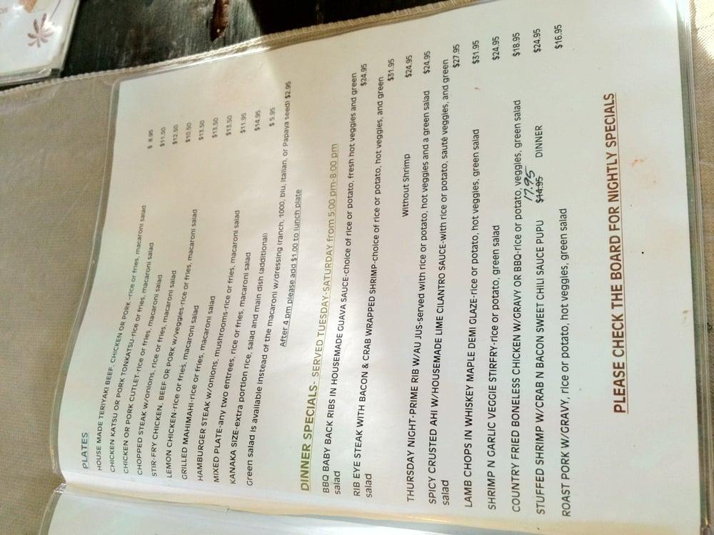 Menu at Kualapuʻu Cookhouse restaurant, Kualapuu