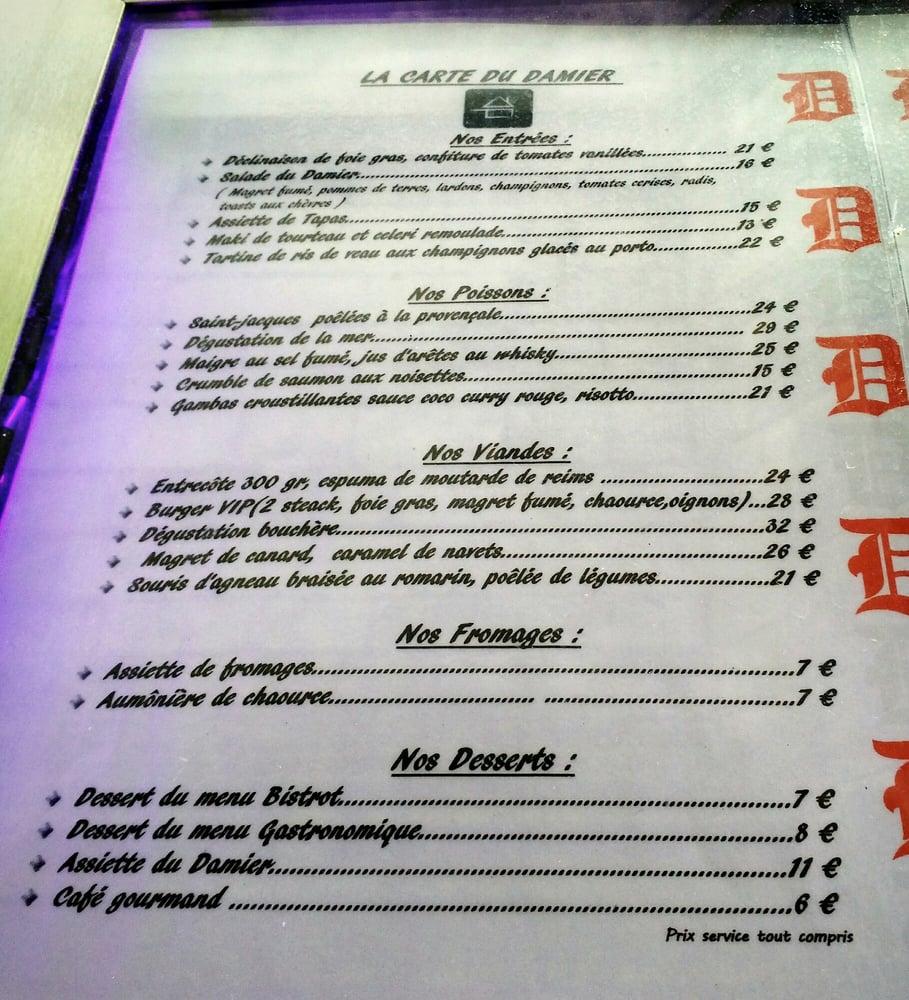 Menu at Le Damier restaurant, Troyes