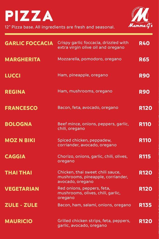 Menu at Mamma G's Umhlali Country Club, South Africa