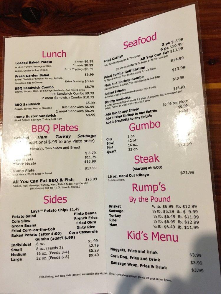 Menu at Rump's BBQ, USA, 120 Farm-To-Market Rd 3328