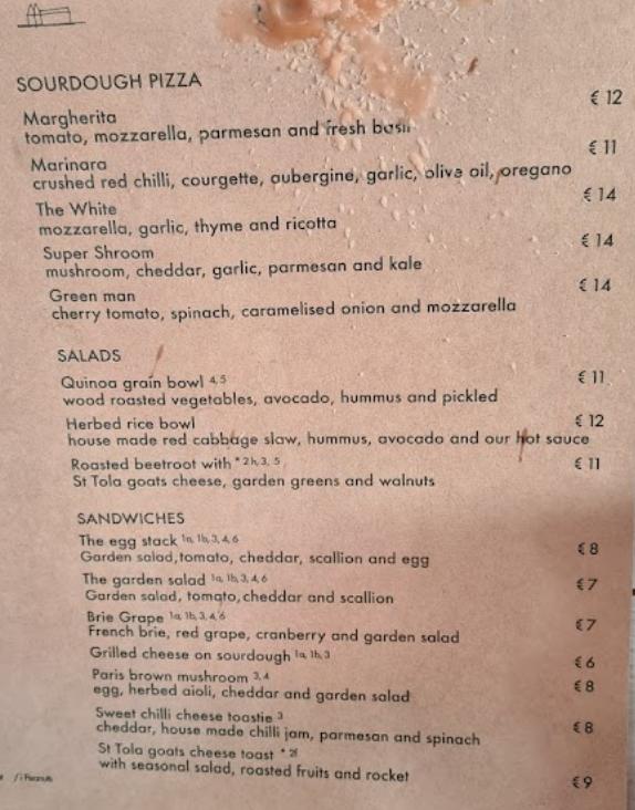 Menu at Strandfield cafe, Dundalk