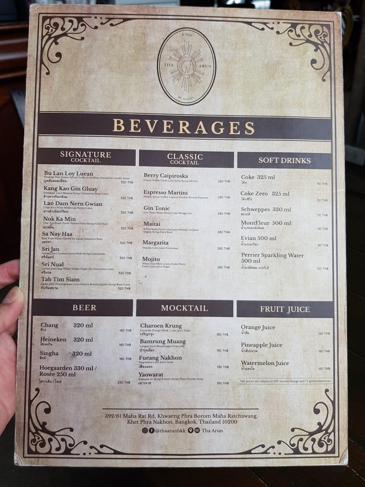 Menu at THA ARUN restaurant, Bangkok