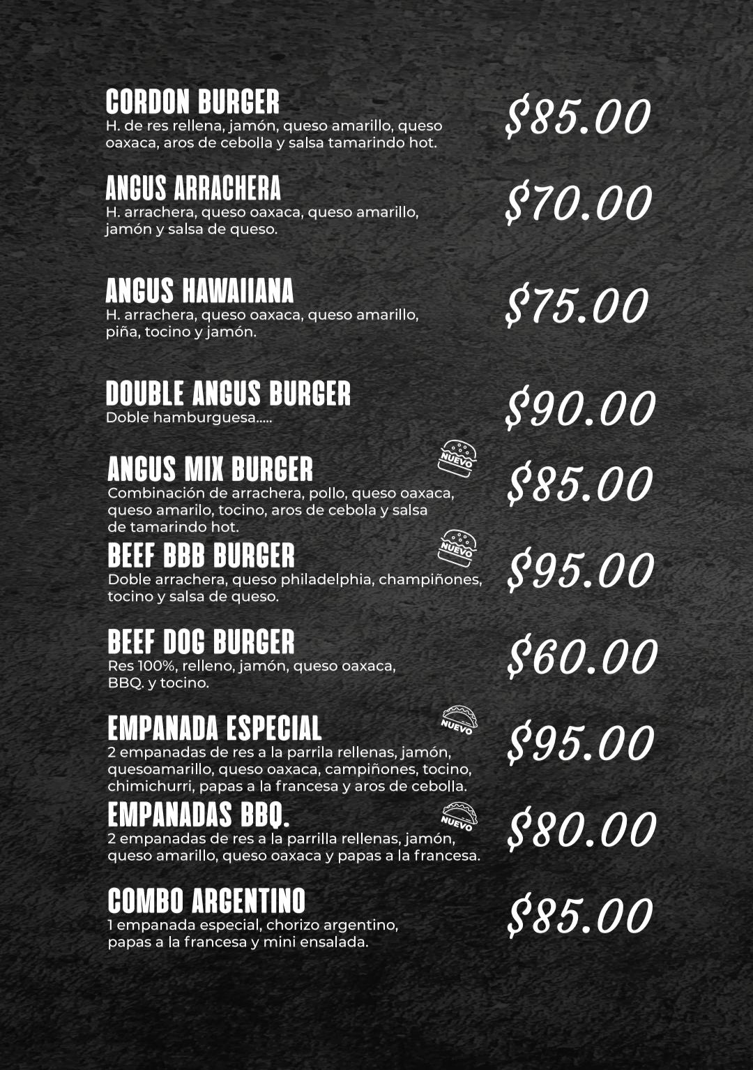 Carta del restaurante The Big Burger, Ciudad del México