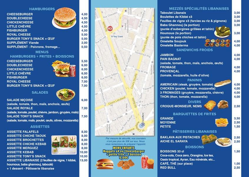Menu at Tony'Snack restaurant, Marseille