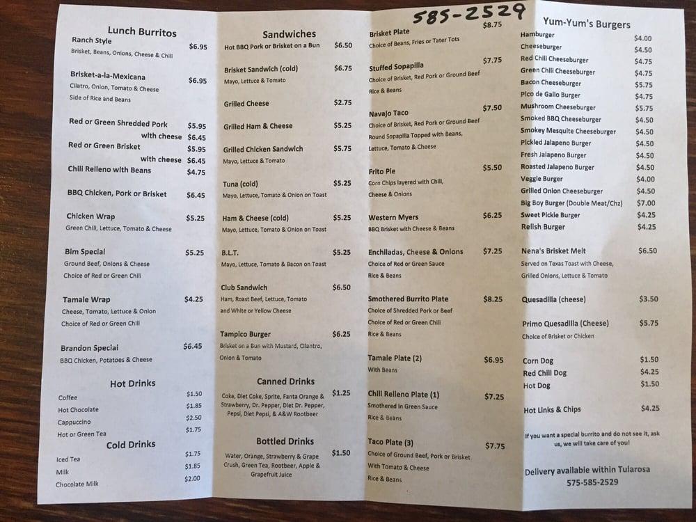 Menu at Yum-Yum's restaurant, Tularosa