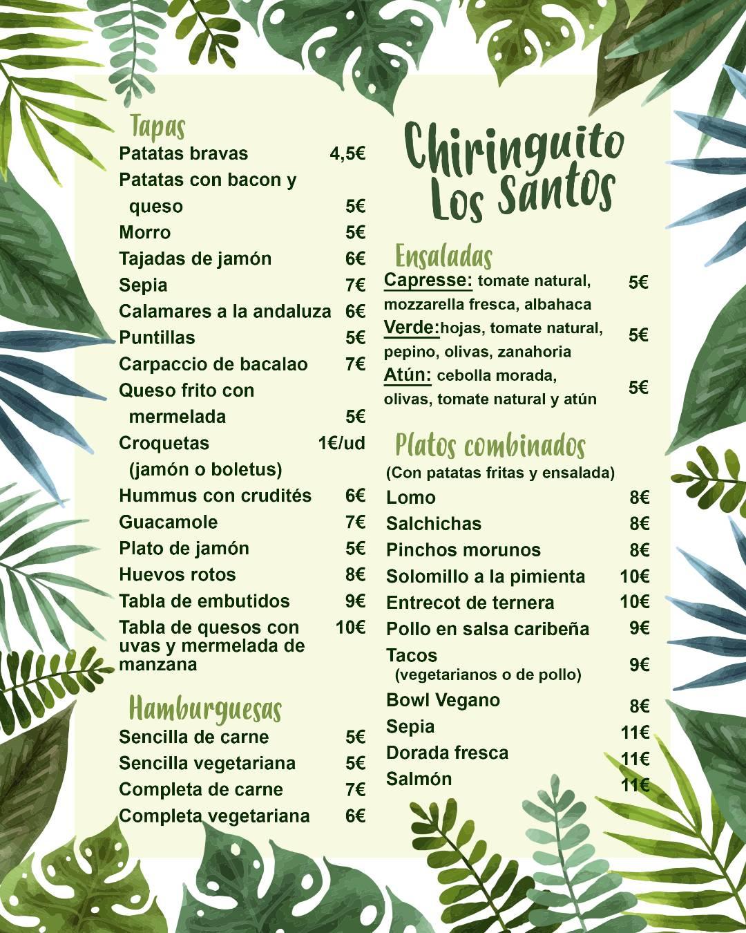 Menu at Chiringuito de Los Santos restaurant, Los Santos