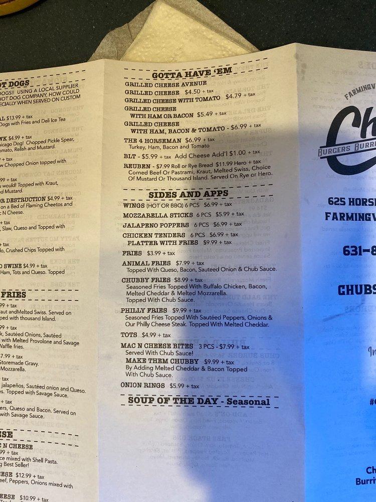 Menu at Chubs Burgers Burritos and Heroes restaurant, Farmingville