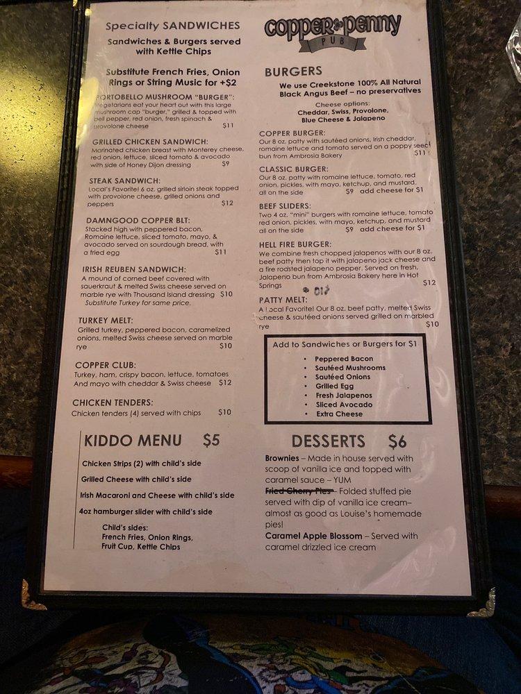 Menu at Copper Penny Pub, Hot Springs