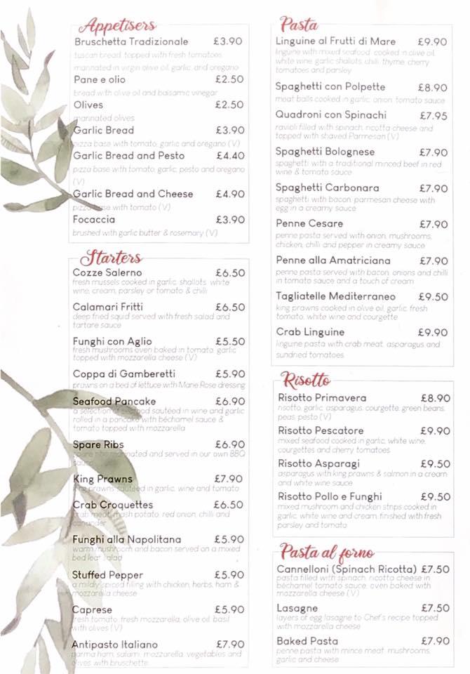 Menu at Little Italy restaurant, Spilsby