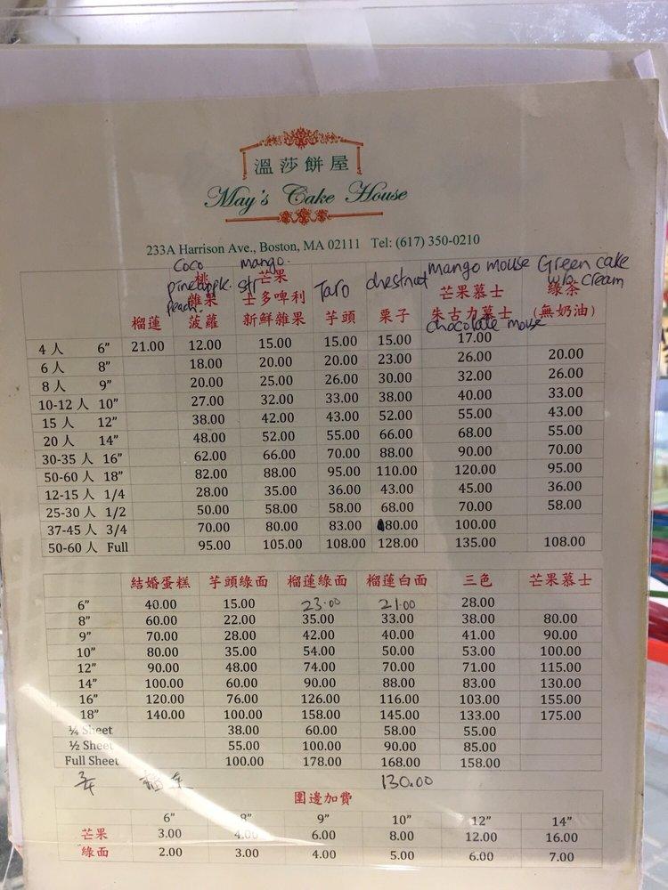 Menu at May's Cake House restaurant, Boston