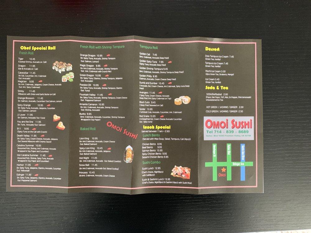 Menu at Omoi Sushi restaurant, Fountain Valley