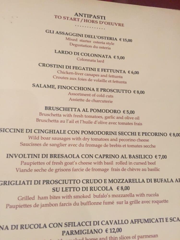 Menu at Osteria Santo Spirito restaurant, Florence, Piazza Santo Spirito