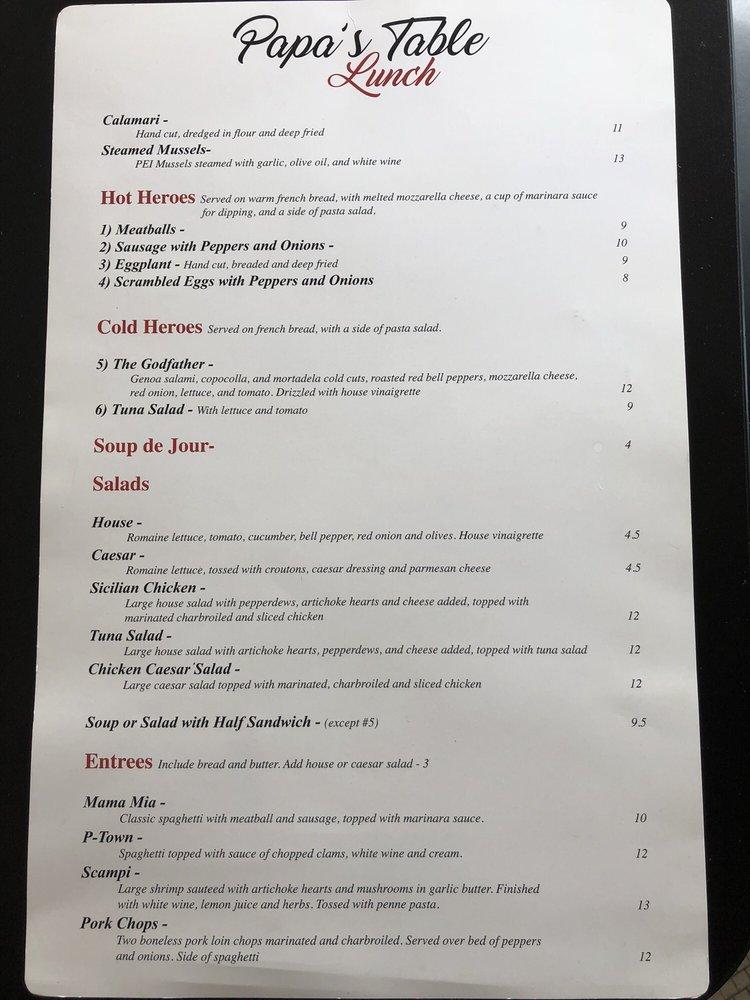 Menu at Papa's Table restaurant, Wellington
