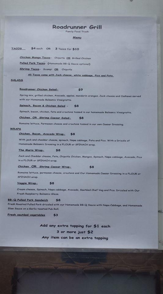 Menu at ROADRUNNER GRILL restaurant, Cottonwood