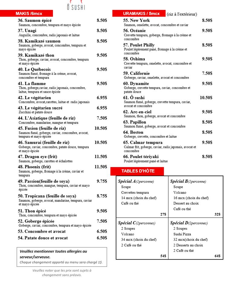Menu au Restaurant O Sushi, L'Assomption