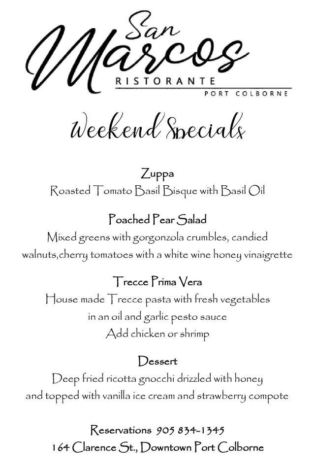 Menu at San Marco's Ristorante restaurant, Port Colborne