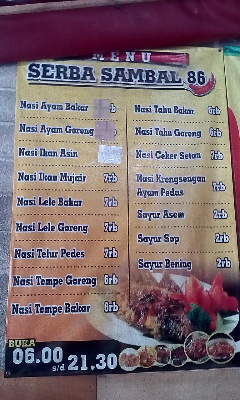 Menu at Serba Sambal 86 restaurant, Bringin