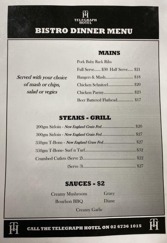 Menu at Telegraph Hotel, Tenterfield pub & bar, Tenterfield