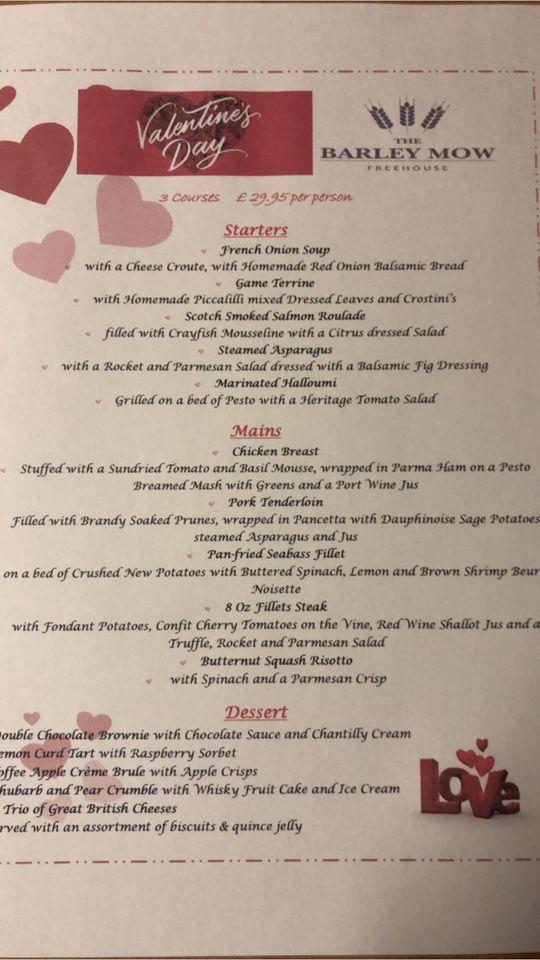 Menu at The Barley Mow, Alfriston