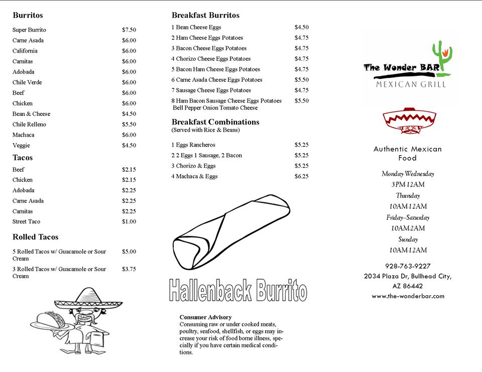 Menu at The Wonder Bar, Bullhead City