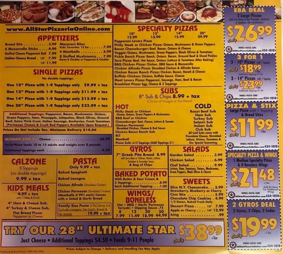 Menu at All Star Pizzeria, Fountain