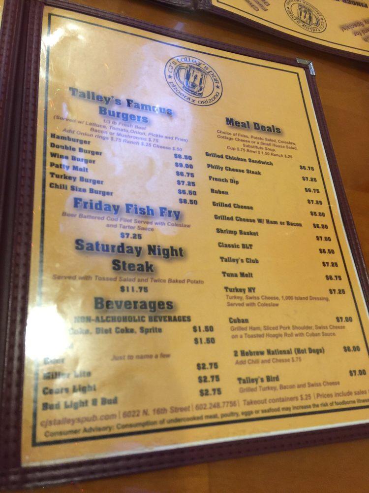Menu at CJ's Talley's Pub, Phoenix