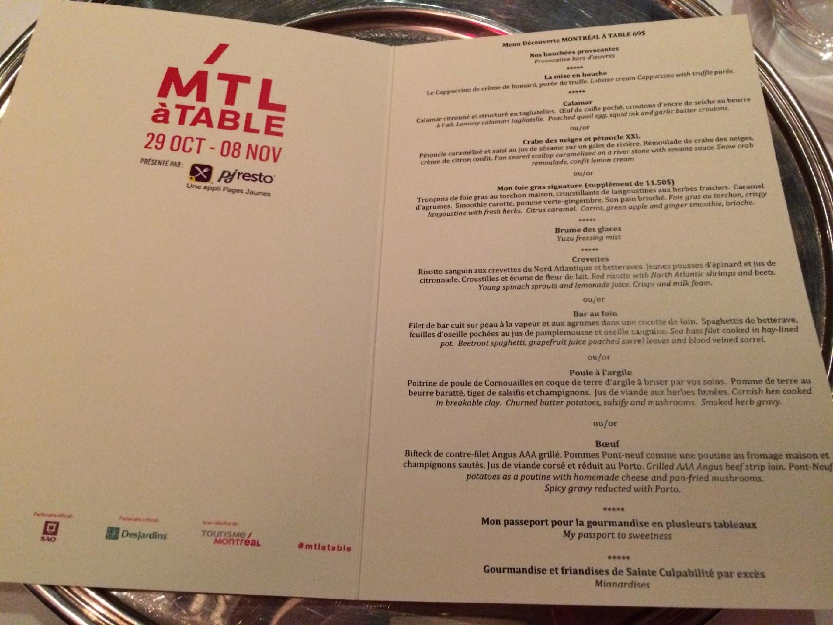 Menu at Europea restaurant, Montreal