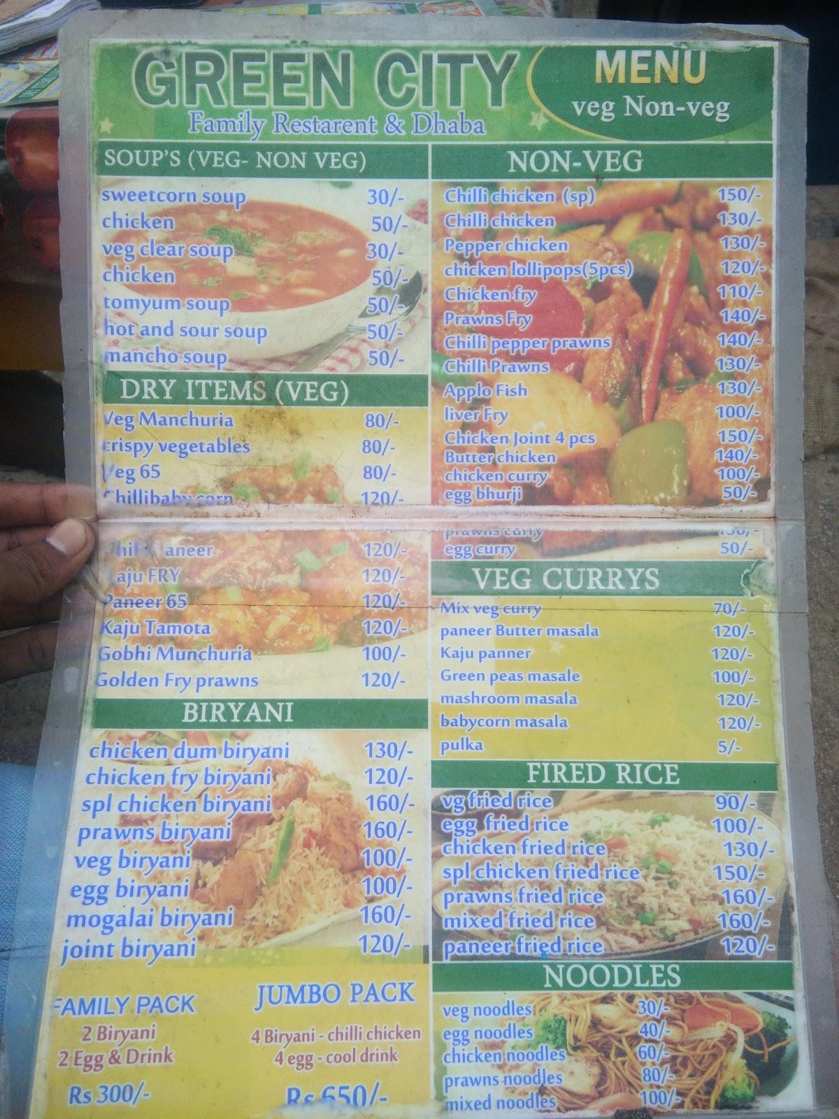 Menu at Green City Dhaba, India