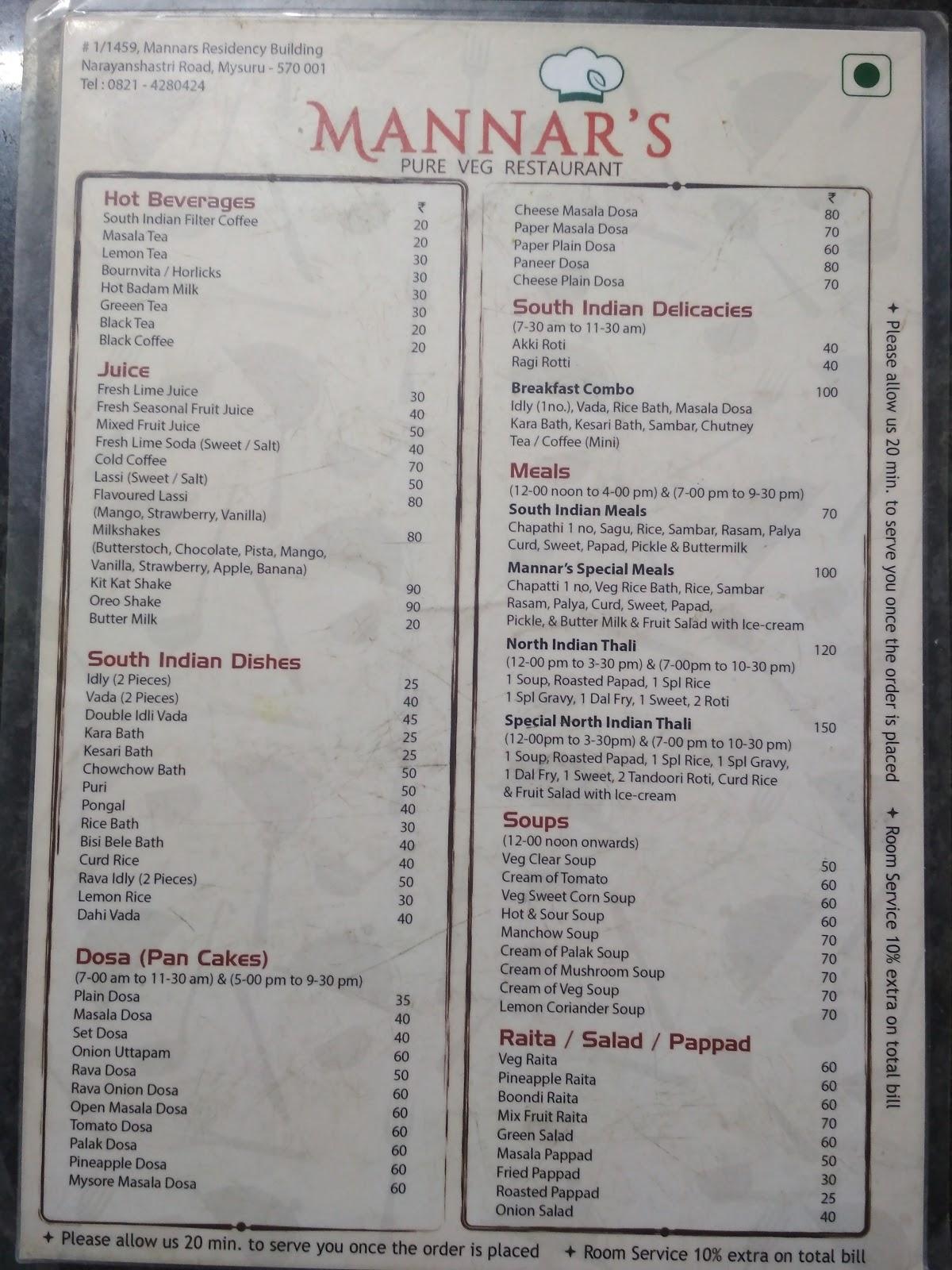 Menu at Mannar's Pure Veg Restaurant, Mysuru