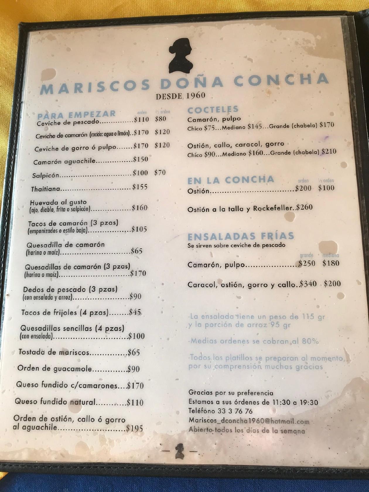 Carta del restaurante Mariscos Doña Concha, Manzanillo, Blvd. Miguel ...