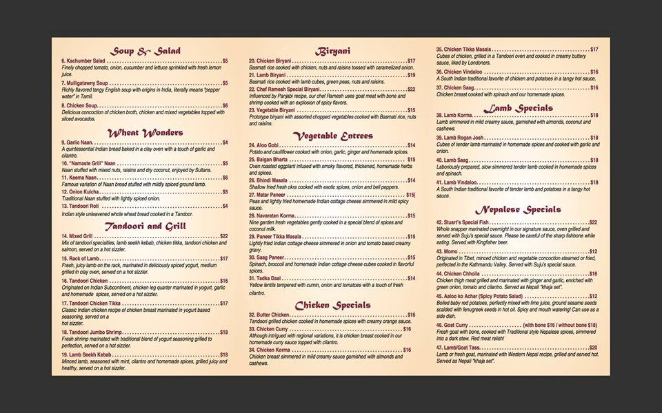 Menu at Namaste Grill restaurant, Stuart, SE Federal Hwy
