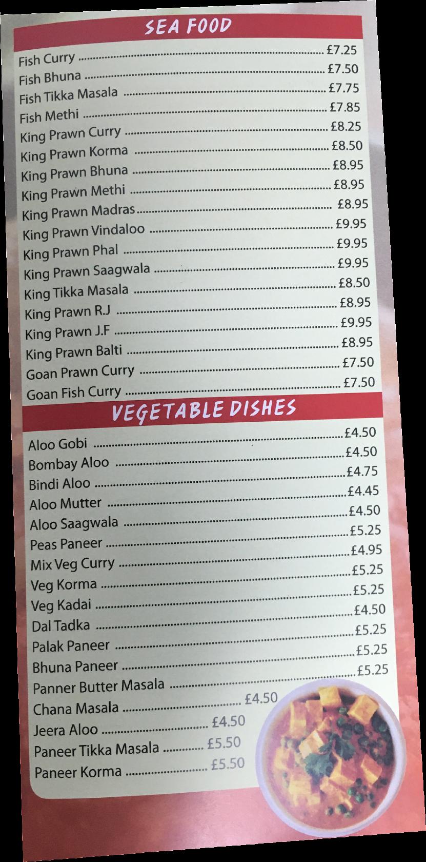 Menu at Ram Curry House restaurant, Gibraltar
