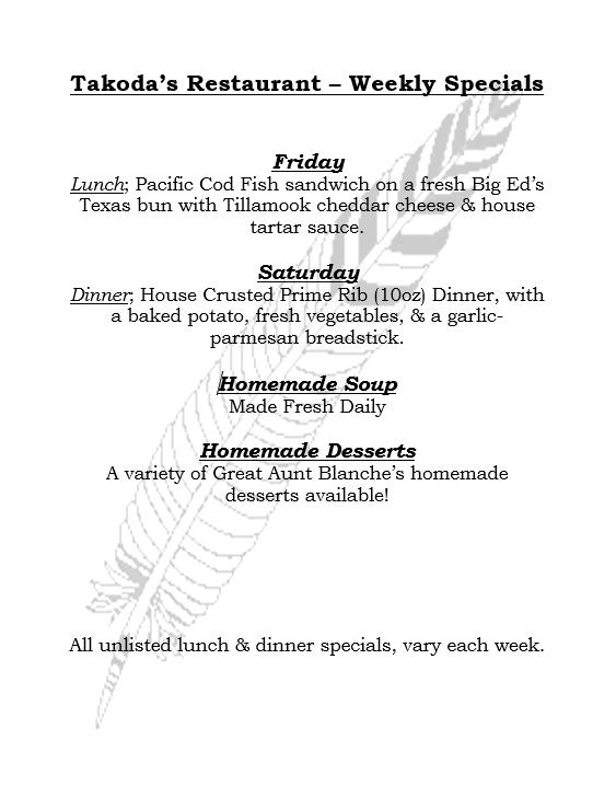 Menu at Takoda's Restaurant & Lounge, Sisters