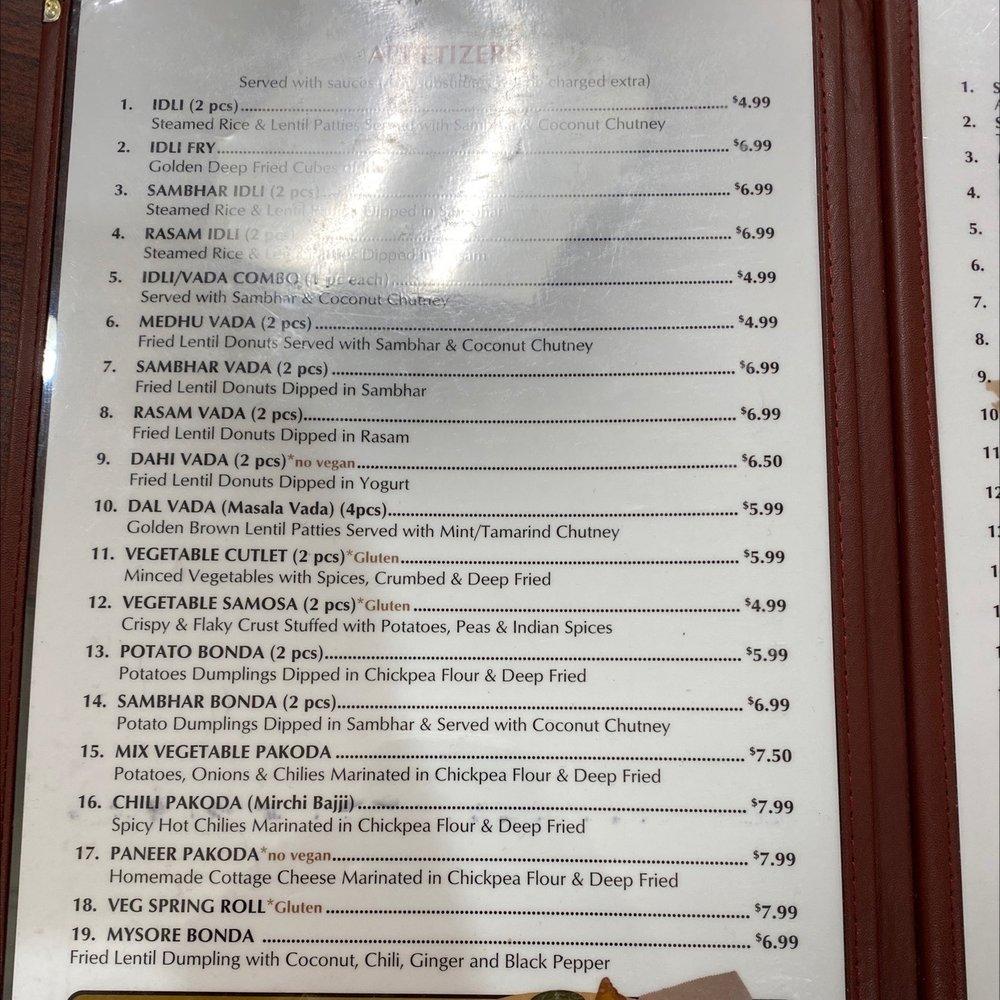 Menu at Udipi Cafe, Monroeville, Old William Penn Hwy