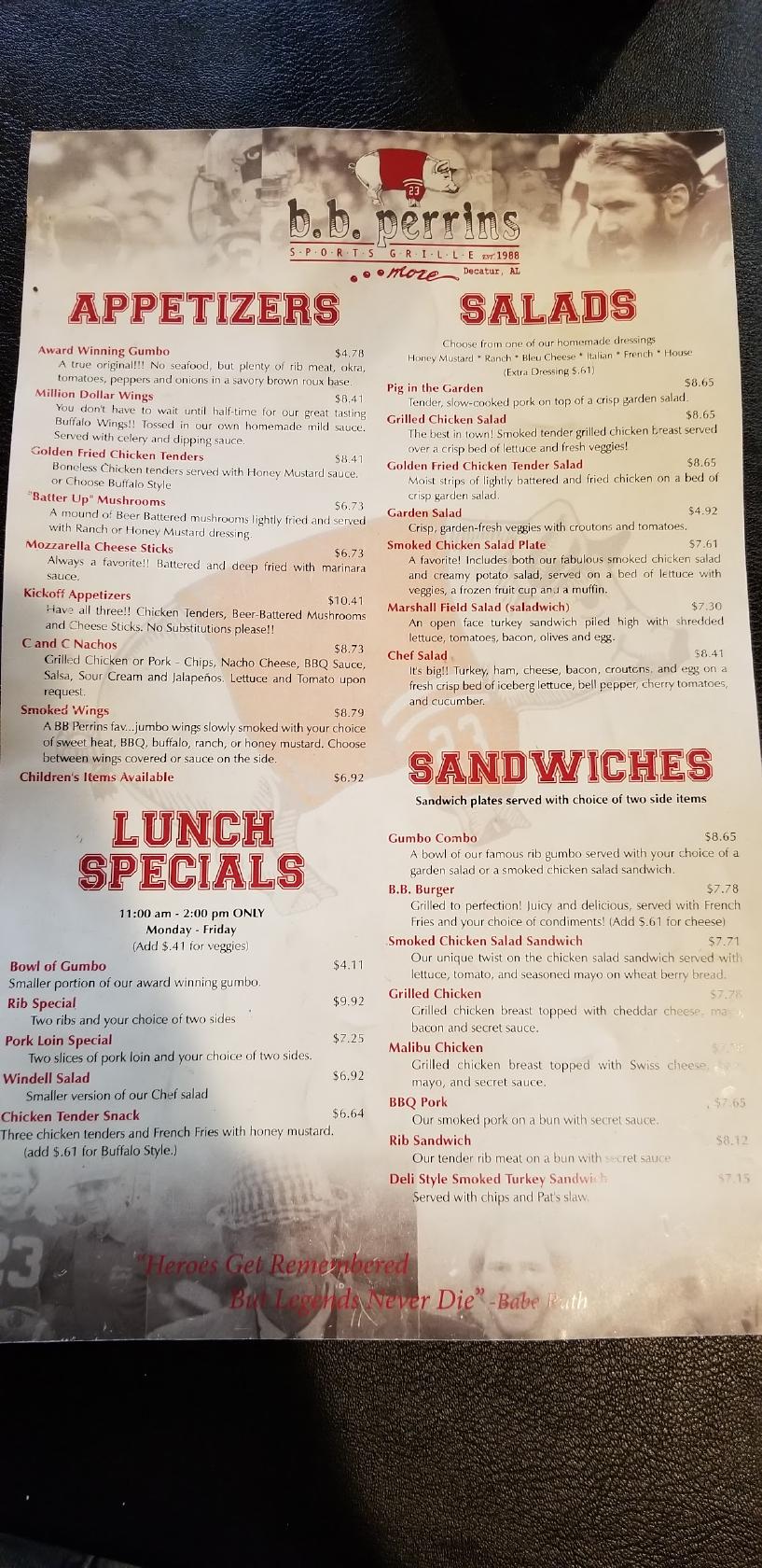 Menu at b.b. Perrins Sports Grille BBQ, Decatur