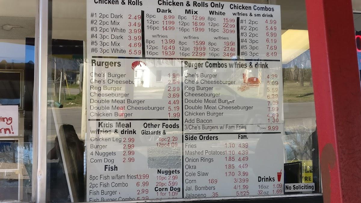 Menu at Che's Chicken & Burgers fast food, San Antonio