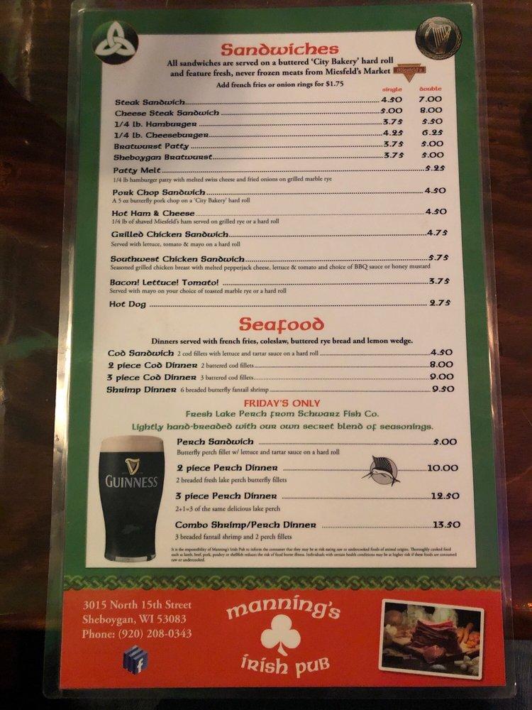 Menu at Manning's Irish Pub, Sheboygan