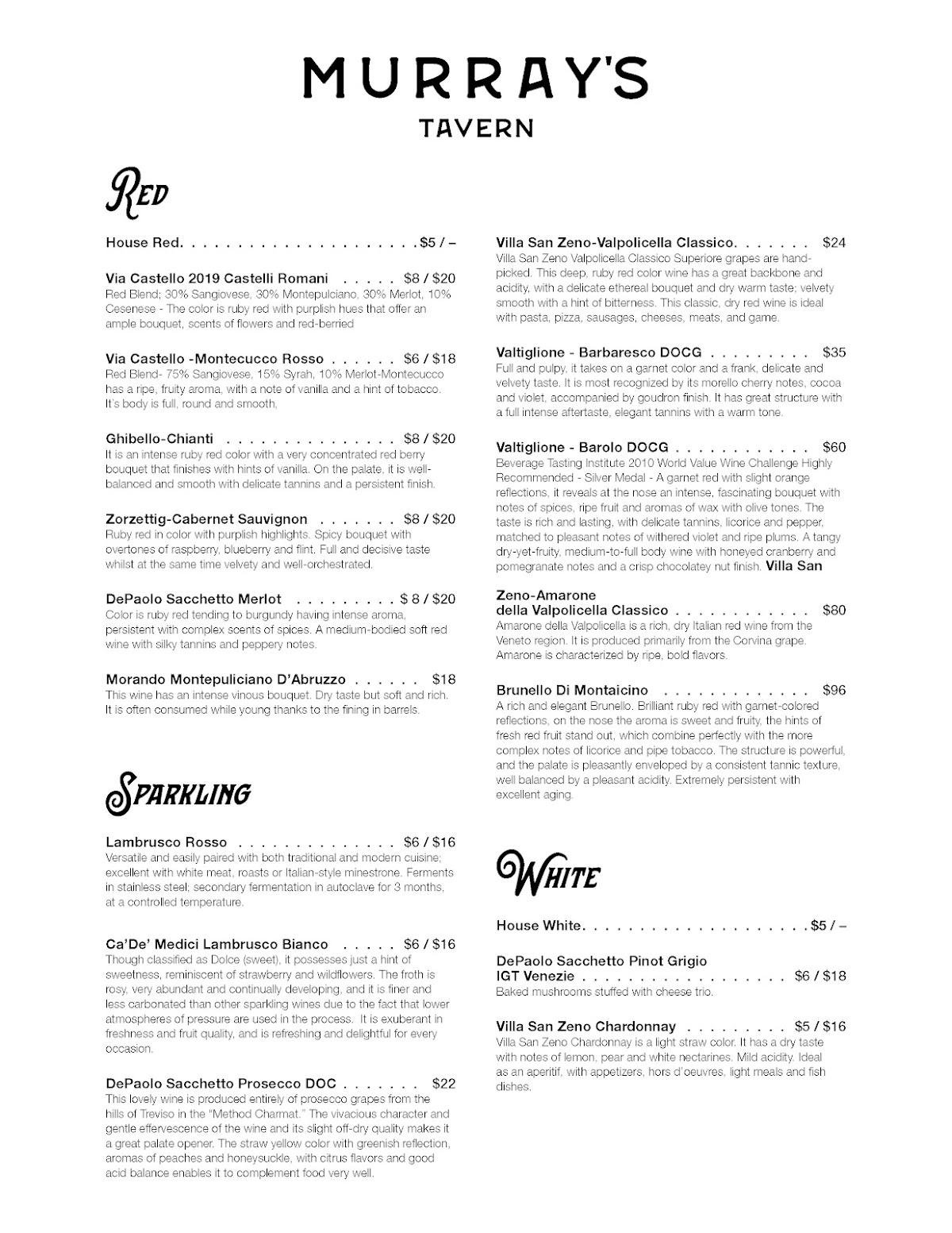 Menu at Murray's Tavern restaurant, Clifton