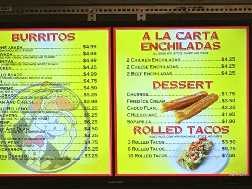 Menu at Tata's Burritos restaurant, Loveland