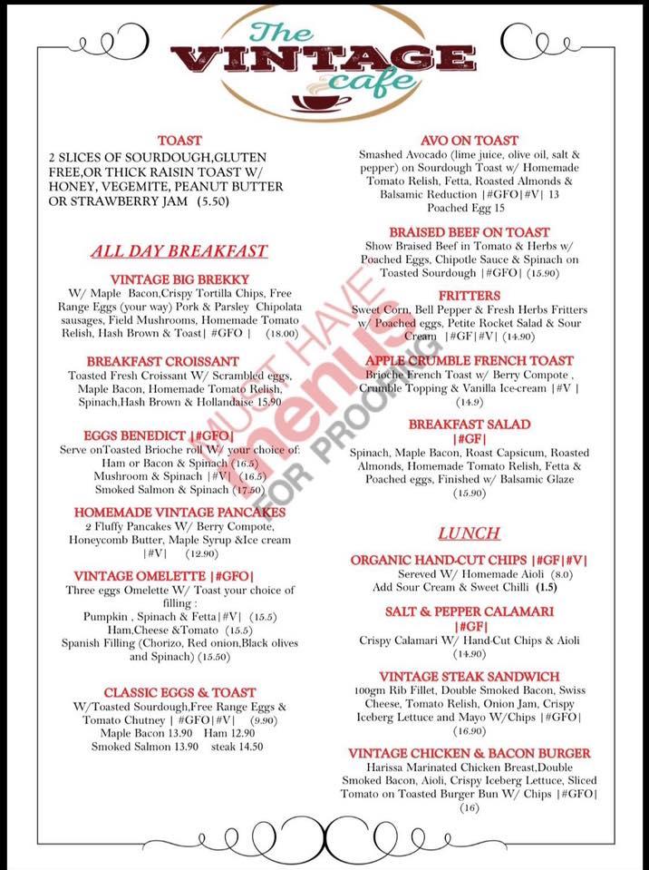 Menu at The vintage cafe, South Toowoomba